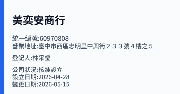美奕安商行的照片-統編 60970808(臺中市) 公司登記資料與營業項目詳細圖表