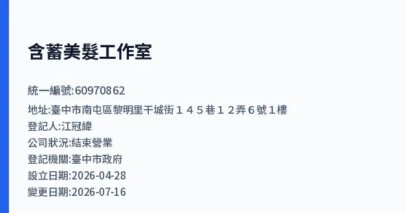 含蓄美髮工作室的照片-統編 60970862 公司登記資料與營業項目詳細圖表