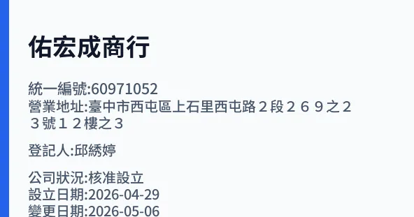 佑宏成商行的照片-統編 60971052(臺中市) 公司登記資料與營業項目詳細圖表