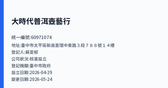 大時代普洱壺藝行的照片-統編 60971074(臺中市) 公司登記資料與營業項目詳細圖表