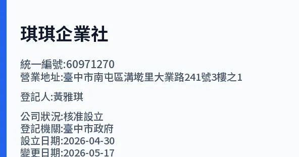 琪琪企業社的照片-統編 60971270(臺中市) 公司登記資料與營業項目詳細圖表