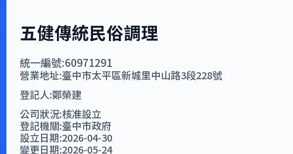 五健傳統民俗調理的照片-統編 60971291(臺中市) 公司登記資料與營業項目詳細圖表