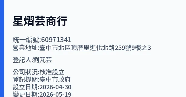 星熠芸商行的照片-統編 60971341(臺中市) 公司登記資料與營業項目詳細圖表
