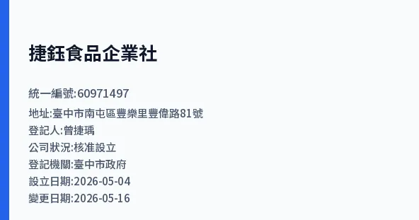 捷鈺食品企業社的照片-統編 60971497(臺中市) 公司登記資料與營業項目詳細圖表