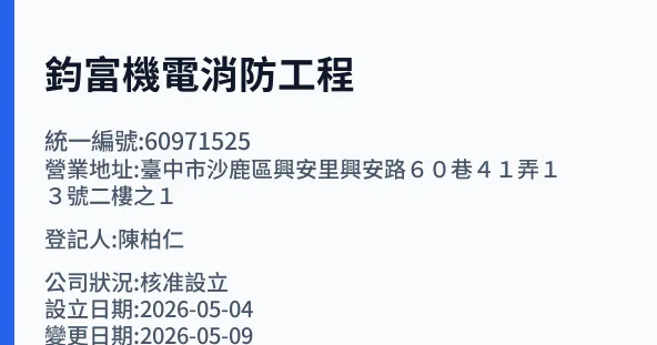 鈞富機電消防工程的照片-統編 60971525(臺中市) 公司登記資料與營業項目詳細圖表