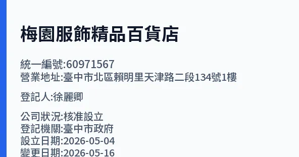 梅園服飾精品百貨店的照片-統編 60971567(臺中市) 公司登記資料與營業項目詳細圖表