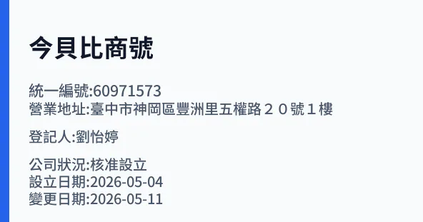 今貝比商號的照片-統編 60971573(臺中市) 公司登記資料與營業項目詳細圖表