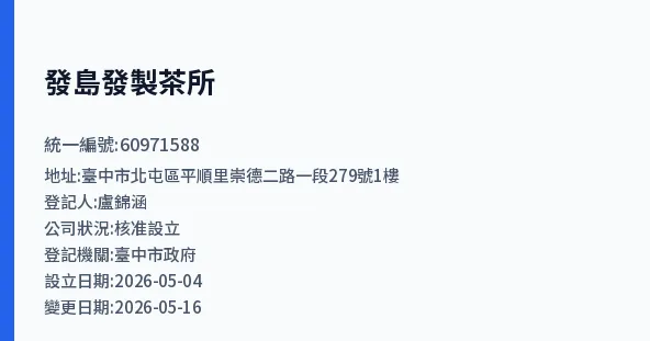 發島發製茶所的照片-統編 60971588(臺中市) 公司登記資料與營業項目詳細圖表