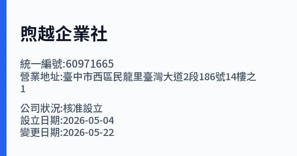 煦越企業社的照片-統編 60971665(臺中市) 公司登記資料與營業項目詳細圖表