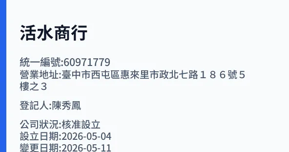 活水商行的照片-統編 60971779(臺中市) 公司登記資料與營業項目詳細圖表
