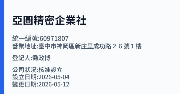 亞圓精密企業社的照片-統編 60971807(臺中市) 公司登記資料與營業項目詳細圖表