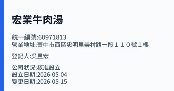 宏業牛肉湯的照片-統編 60971813(臺中市) 公司登記資料與營業項目詳細圖表