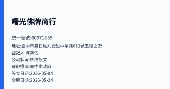 曙光佛牌商行的照片-統編 60971855(臺中市) 公司登記資料與營業項目詳細圖表