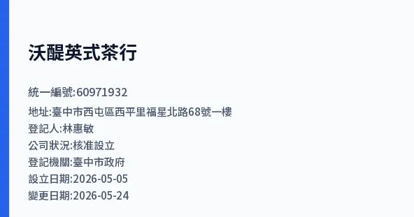 沃醍英式茶行的照片-統編 60971932(臺中市) 公司登記資料與營業項目詳細圖表