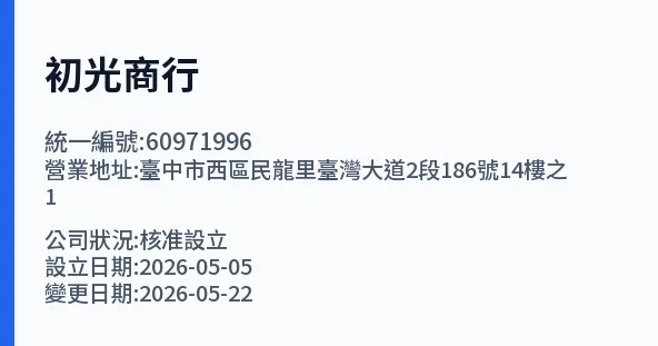初光商行的照片-統編 60971996(臺中市) 公司登記資料與營業項目詳細圖表