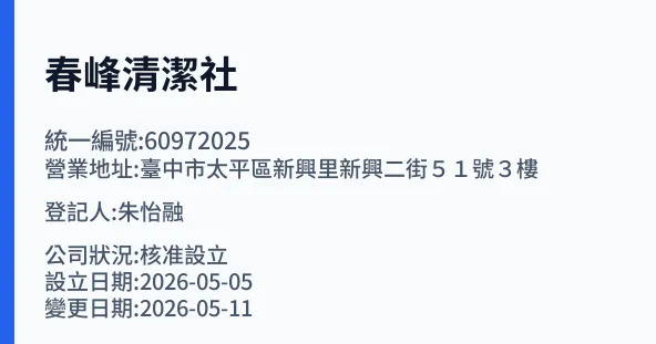 春峰清潔社的照片-統編 60972025(臺中市) 公司登記資料與營業項目詳細圖表
