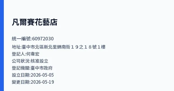 凡爾賽花藝店的照片-統編 60972030(臺中市) 公司登記資料與營業項目詳細圖表