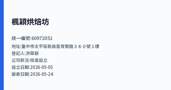 楓穎烘焙坊的照片-統編 60972051(臺中市) 公司登記資料與營業項目詳細圖表
