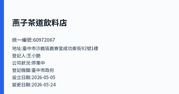 燕子茶道飲料店的照片-統編 60972067(臺中市) 公司登記資料與營業項目詳細圖表