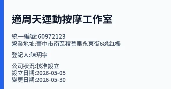 適周天運動按摩工作室的照片-統編 60972123(臺中市) 公司登記資料與營業項目詳細圖表