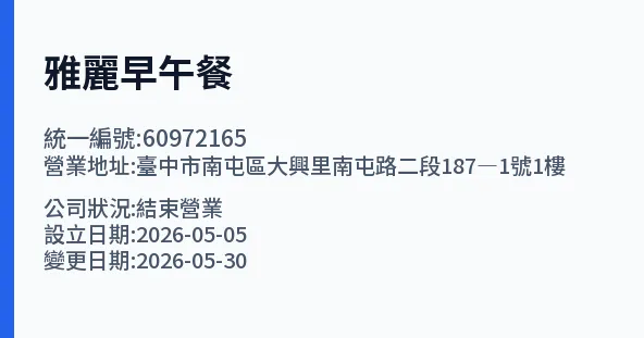 雅麗早午餐的照片-統編 60972165(臺中市) 公司登記資料與營業項目詳細圖表