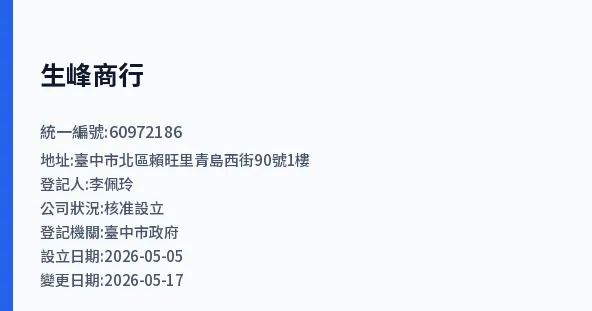生峰商行的照片-統編 60972186(臺中市) 公司登記資料與營業項目詳細圖表