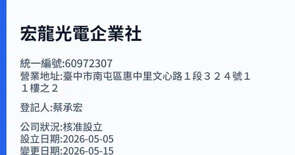 宏龍光電企業社的照片-統編 60972307(臺中市) 公司登記資料與營業項目詳細圖表