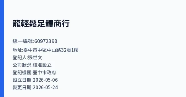 龍輕鬆足體商行的照片-統編 60972398(臺中市) 公司登記資料與營業項目詳細圖表