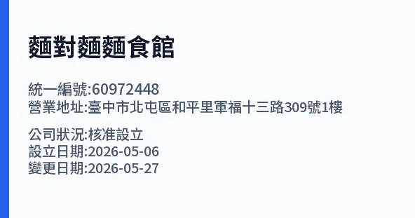 麵對麵麵食館的照片-統編 60972448(臺中市) 公司登記資料與營業項目詳細圖表