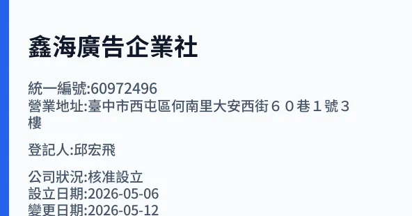 鑫海廣告企業社的照片-統編 60972496(臺中市) 公司登記資料與營業項目詳細圖表