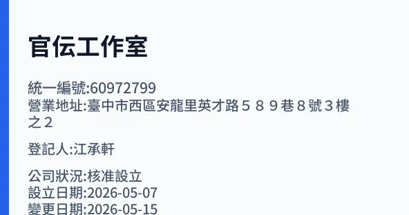 官伝工作室的照片-統編 60972799(臺中市) 公司登記資料與營業項目詳細圖表