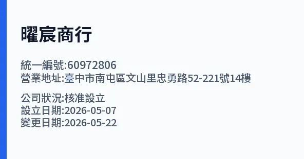 曜宸商行的照片-統編 60972806(臺中市) 公司登記資料與營業項目詳細圖表