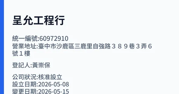 呈允工程行的照片-統編 60972910(臺中市) 公司登記資料與營業項目詳細圖表