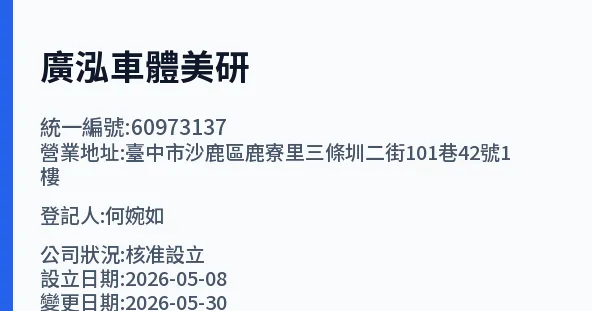 廣泓車體美研的照片-統編 60973137(臺中市) 公司登記資料與營業項目詳細圖表