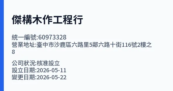 傑構木作工程行的照片-統編 60973328(臺中市) 公司登記資料與營業項目詳細圖表
