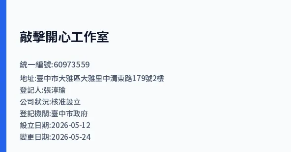 敲擊開心工作室的照片-統編 60973559(臺中市) 公司登記資料與營業項目詳細圖表