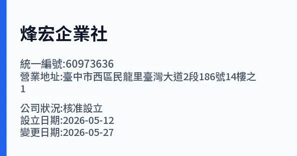烽宏企業社的照片-統編 60973636(臺中市) 公司登記資料與營業項目詳細圖表