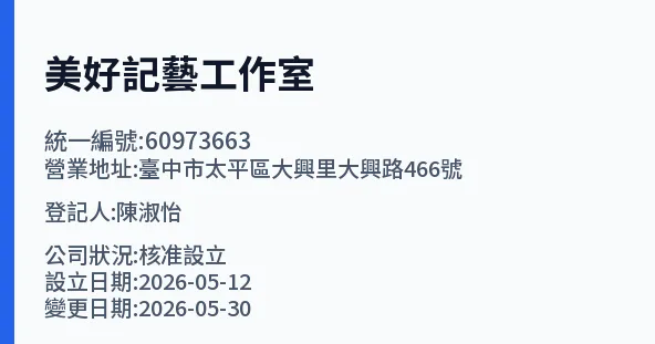 美好記藝工作室的照片-統編 60973663(臺中市) 公司登記資料與營業項目詳細圖表