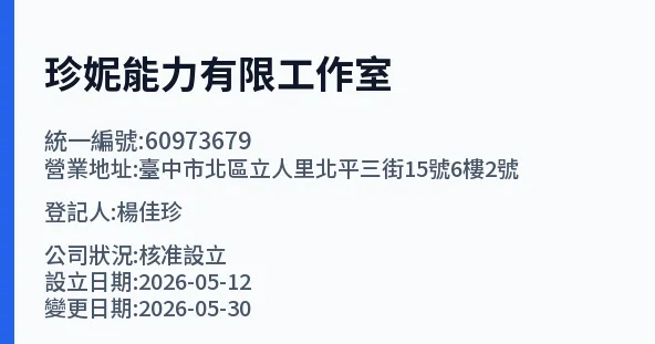 珍妮能力有限工作室的照片-統編 60973679(臺中市) 公司登記資料與營業項目詳細圖表