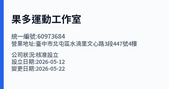 果多運動工作室的照片-統編 60973684(臺中市) 公司登記資料與營業項目詳細圖表