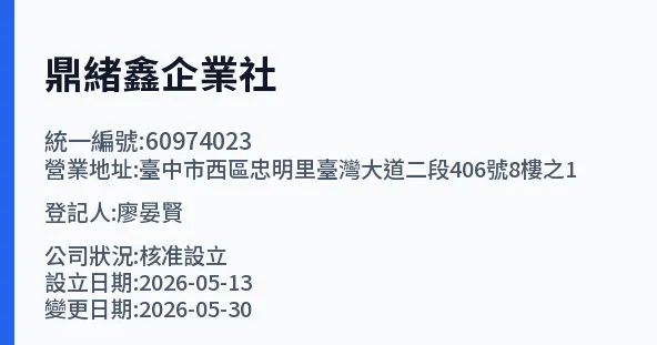 鼎緒鑫企業社的照片-統編 60974023(臺中市) 公司登記資料與營業項目詳細圖表