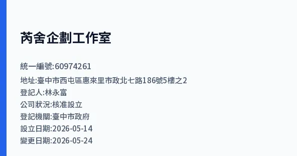 芮舍企劃工作室的照片-統編 60974261(臺中市) 公司登記資料與營業項目詳細圖表