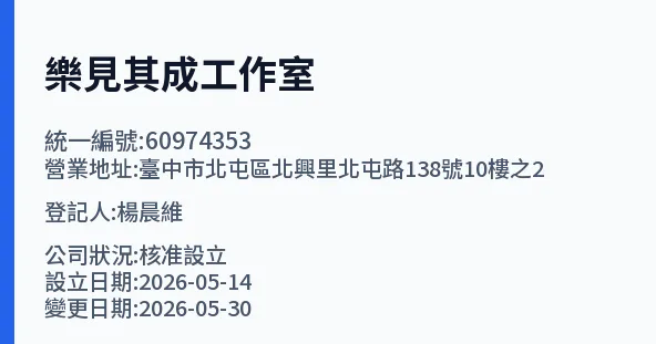 樂見其成工作室的照片-統編 60974353(臺中市) 公司登記資料與營業項目詳細圖表