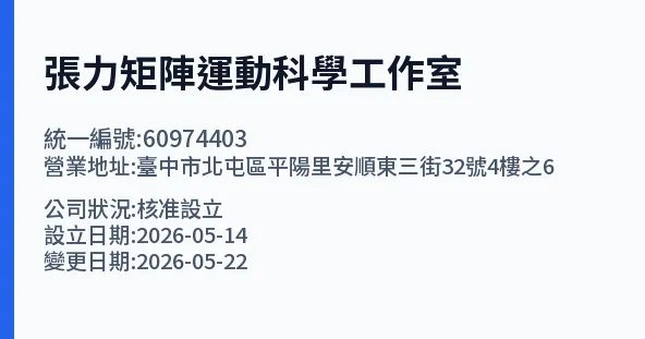 張力矩陣運動科學工作室的照片-統編 60974403(臺中市) 公司登記資料與營業項目詳細圖表