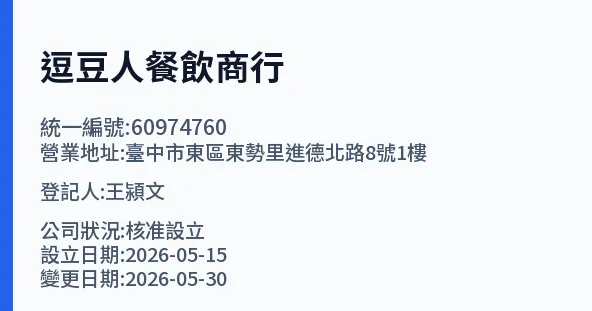 逗豆人餐飲商行的照片-統編 60974760(臺中市) 公司登記資料與營業項目詳細圖表