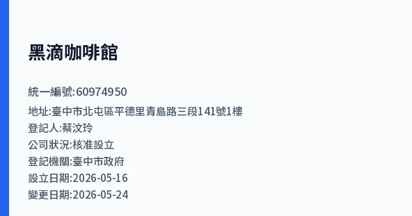 黑滴咖啡館的照片-統編 60974950(臺中市) 公司登記資料與營業項目詳細圖表