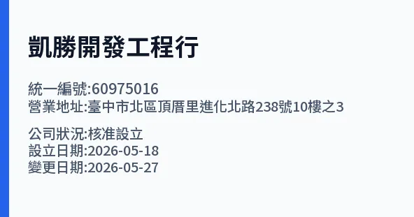 凱勝開發工程行的照片-統編 60975016(臺中市) 公司登記資料與營業項目詳細圖表