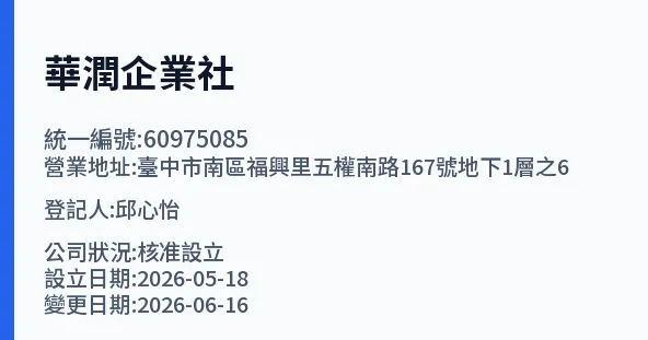 華潤企業社的照片-統編 60975085(臺中市) 公司登記資料與營業項目詳細圖表