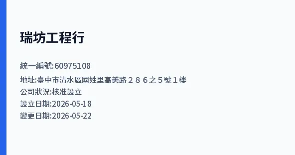 瑞坊工程行的照片-統編 60975108(臺中市) 公司登記資料與營業項目詳細圖表