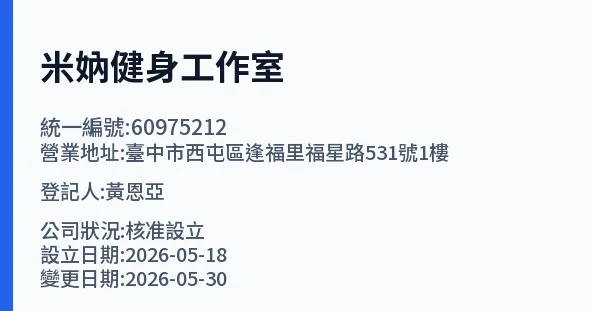 米妠健身工作室的照片-統編 60975212(臺中市) 公司登記資料與營業項目詳細圖表